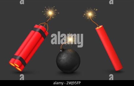 Round dynamite bomb realistic set with images of vintage bombs with ...