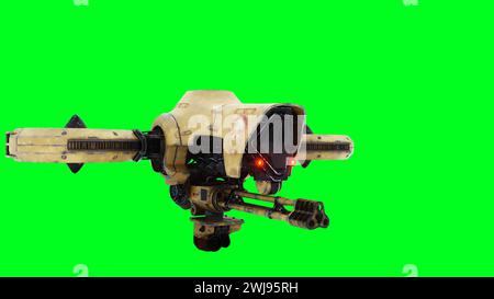 Flying military, war droid, bot with gun. Green screen. 3d rendering ...