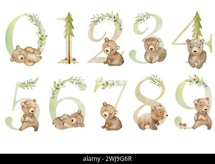 Watercolor woodland animals numbers for invitation card, nursery poster ...