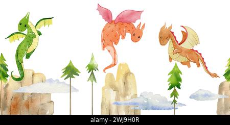 Watercolor cute seamless border with dragons. Hand drawn illustration ...