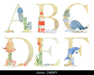 Watercolor sea animals letters Stock Photo - Alamy
