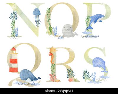 Watercolor sea animals letters Stock Photo - Alamy