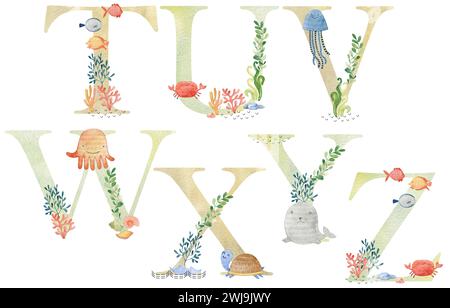 Watercolor sea animals letters Stock Photo - Alamy