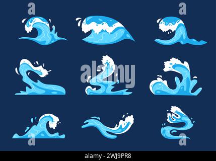 Cartoon wave splash. Ocean wave in motion, sprite sheet of curly sea ...