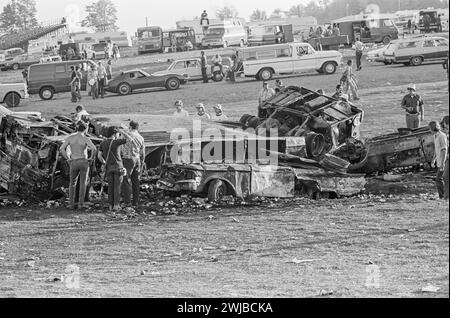 Burned bus in the bog at the 1974 Watkins Glen F1 Grand Prix Stock ...