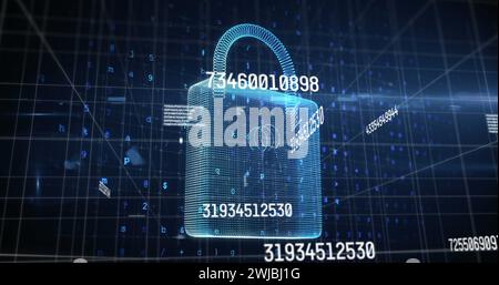 Security padlock icon and multiple changing numbers against blue background Stock Photo - Alamy