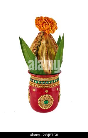 Traditional clay Kalash isolated on white. Hindu and Jain ritual ...