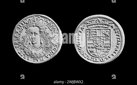 Coronation medal for Queen Anne of England, 1702. Black and White ...
