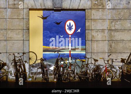 Cannabis leaves at a stop sign as mural in Copenhagen, Denmark Stock ...