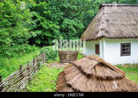 Ukrainian ethnic house museum with national paintings and sculptures. A ...
