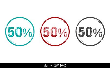 50% 50 percent stamp icons in few color versions. Fifty percentage ...