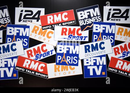 Logos of the Altice Group television channels. I24 News, BFM TV, BFM Business, RMC Sport, RMC ...