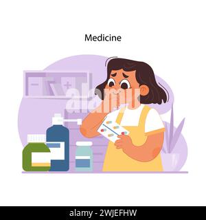 Medication safety for kids. Young girl discovering first aid kit at ...