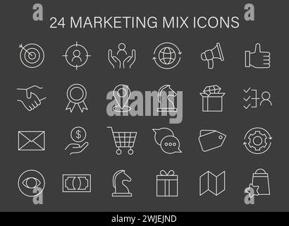 Marketing Mix icon set. Symbols represent strategic components like ...