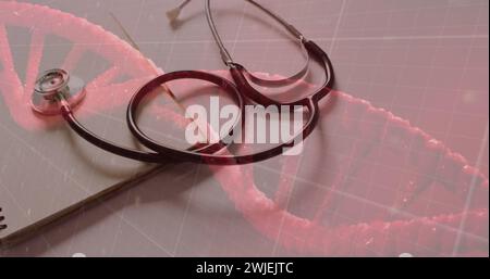 Image of scope scanning and dna strand formed with white particles over ...