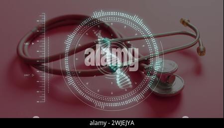 Image of dna strand and scope scanning over hand holding stethoscope ...