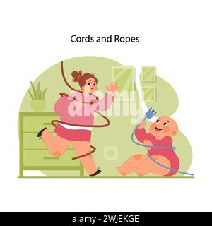 Strangulation hazard. Young girl entangled in rope, trying to get out ...