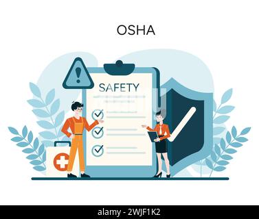 OSHA safety briefing illustration. Workers engage in hazard awareness ...