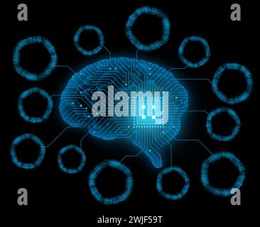 Human brain inside a digital cyberspace. Neural cells formed by particles. Blue abstract ...
