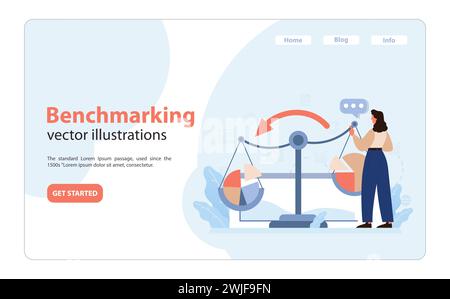 Benchmarking concept. Woman analyzing data on scales, comparing metrics ...
