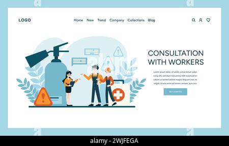 OSHA safety briefing illustration. Workers engage in hazard awareness ...