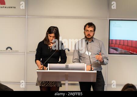 Israeli military technology expert Shir Hever (r) holds a press ...