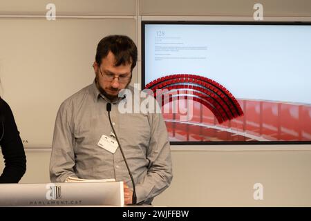 Israeli military technology expert Shir Hever (r) holds a press ...