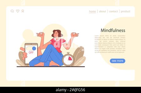 Digital detox web or landing set. Characters practicing mindfulness ...
