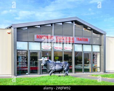 Modern butcher's shop with life-size model of black bull on display ...
