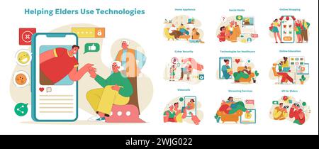 Tech savvy seniors concept. Male and female elderly learning and ...
