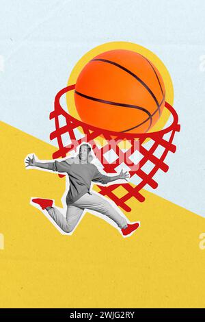 Vertical collage of throwing ball into basket playing basketball warm ...
