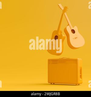 Set of electric acoustic guitars, amplifiers and drums with metal ...