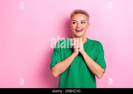 Photo of cheerful pretty astonished person beaming smile unbelievable ...