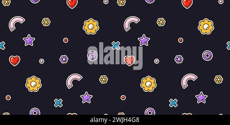 Dark vector seamless pattern with groovy flowers and stems on blue ...