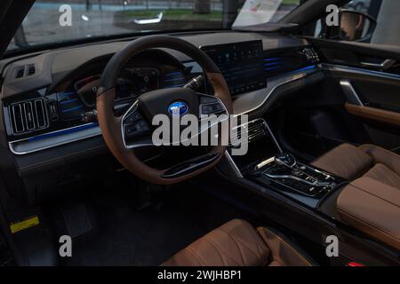 Interior, cockpit, steering wheel of BYD Seal 2024 Electric Car, SUV ...