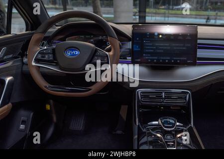Interior, cockpit of BYD Tang Electric Car, ergonomic digital panel ...