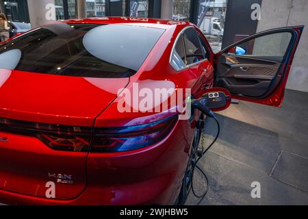 new red BYD Han EV 3.95, rear view, Electric Vehicle Chinese ...