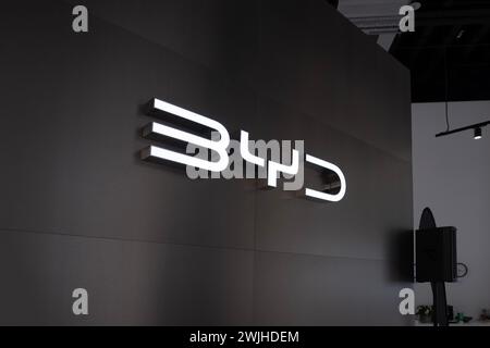 glowing Advertising banners BYD on black background, Chinese ...