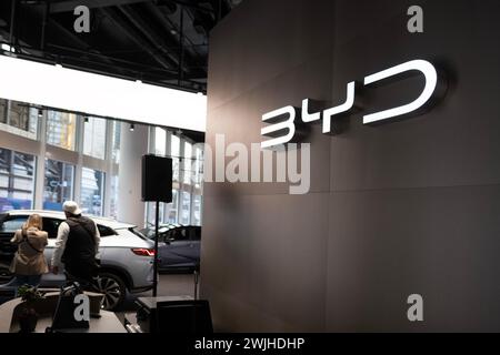 glowing Advertising banners BYD on black background, Chinese ...