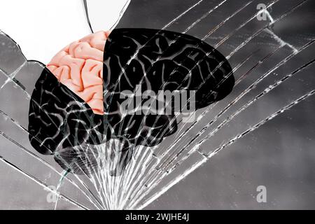 human brain on cracks texture broken mirror, glass background ...