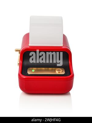 Small red printer for printing labels isolated on white background ...