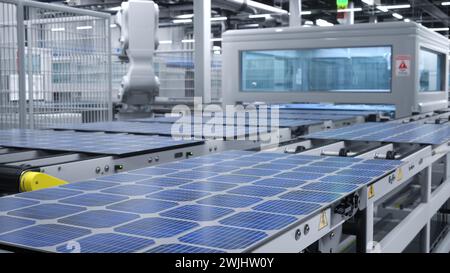 Industrial solar panel warehouse with robot arms placing photovoltaic ...