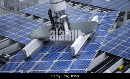 Solar panel placed on conveyor belt, operated by robot arm, moving ...