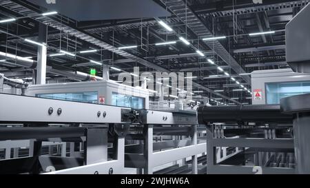 Solar panel factory with robotic arms placing PV modules on automation ...