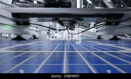 Solar panel placed on conveyor belt, operated by robot arm, moving ...