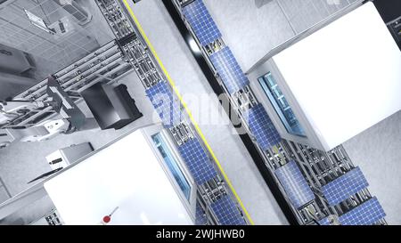 Aerial shot of robotic arm placing solar panel on production line in ...