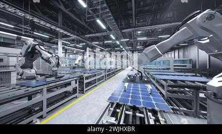 Solar panel factory with robotic arms placing PV modules on automation ...