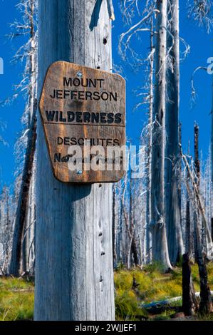 Wilderness sign along Pacific Crest Trail (PCT) in B&B Complex burn, Mt ...