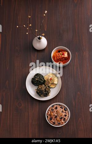 a table of dried greens and five grain rice Stock Photo - Alamy