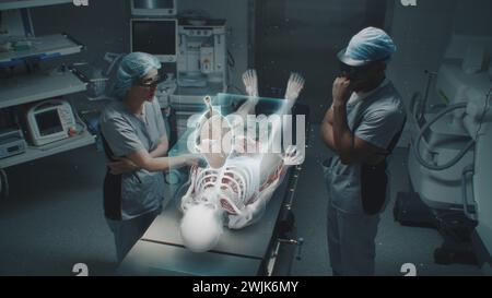 Diverse surgeons in AR headsets work in operating room using futuristic ...